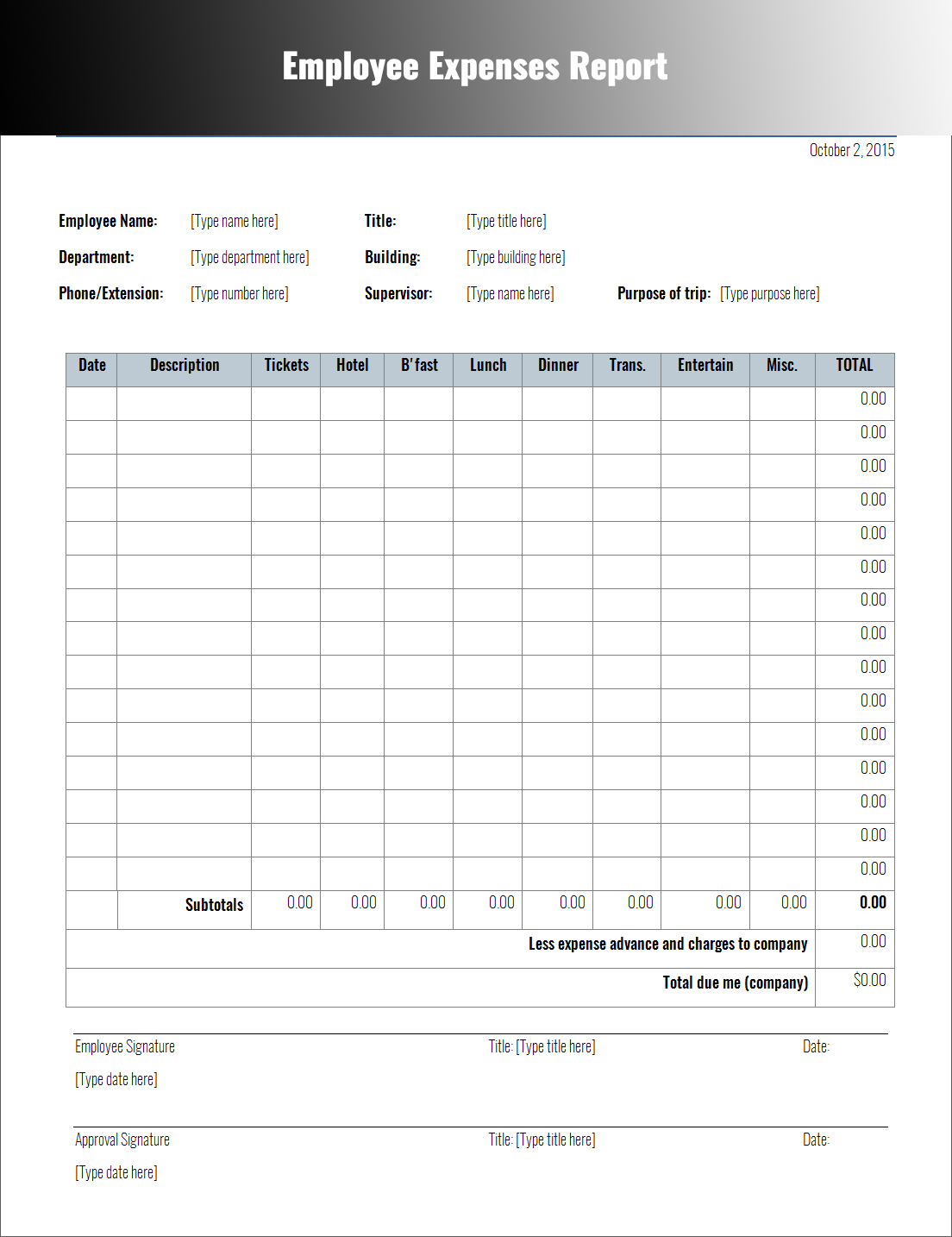 Monthly Expense Report Template Excel