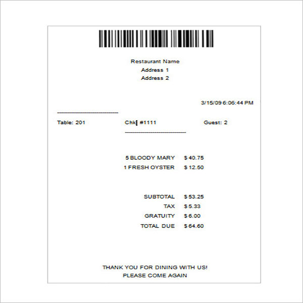 Restaurant Receipt Templates
