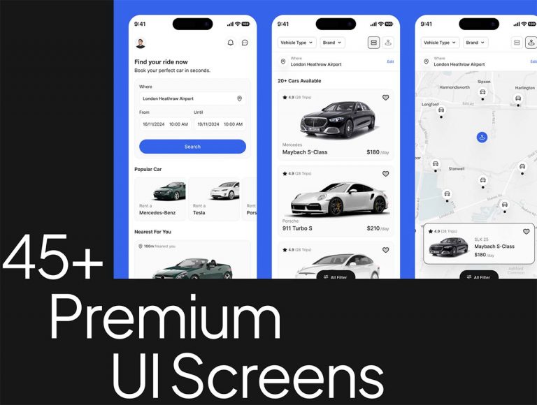 Top 20+ Rental Car Mobile App Designs - UX/UI, Figma,XD,Ai,PS