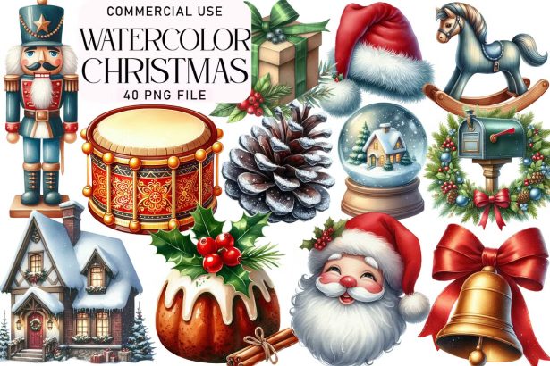 20 + Watercolor Christmas Clipart | Festive Hand-Painted Holiday Designs